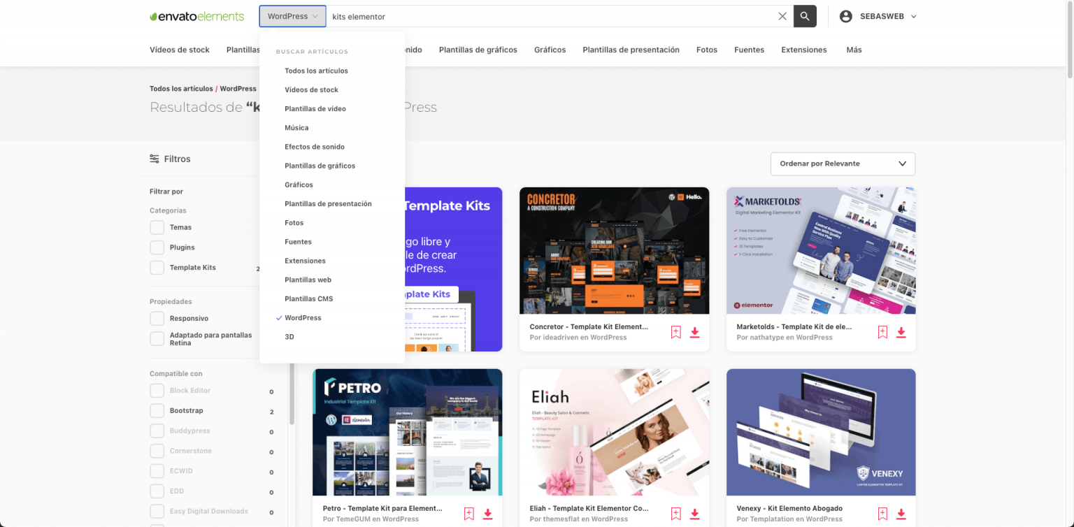 Plantillas o template kits para Elementor - Sebasweb